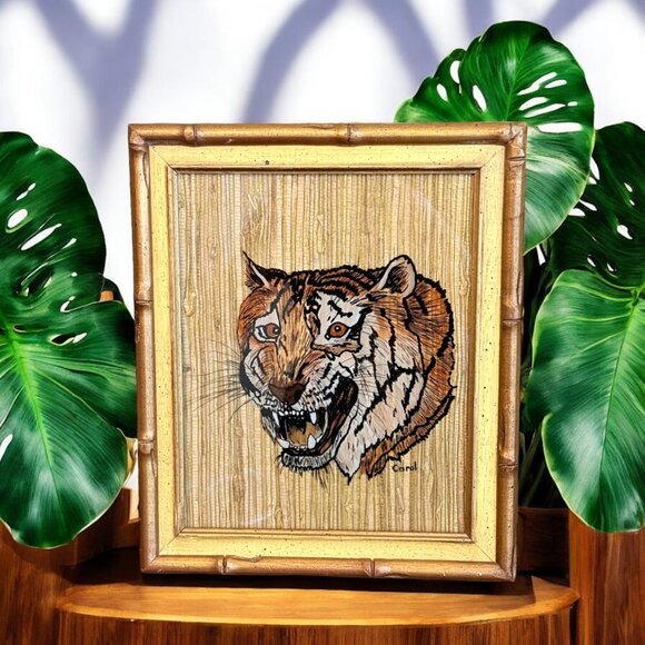 Vintage | Art | Ooak 97s Reverse Painted Tiger Picture In Original ...